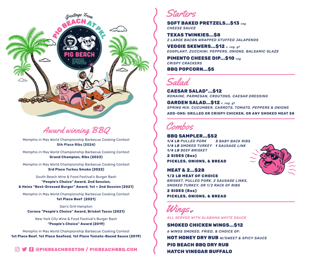 Pig Beach BBQ Menu, Craft Beer & Cocktails | PKL Boston